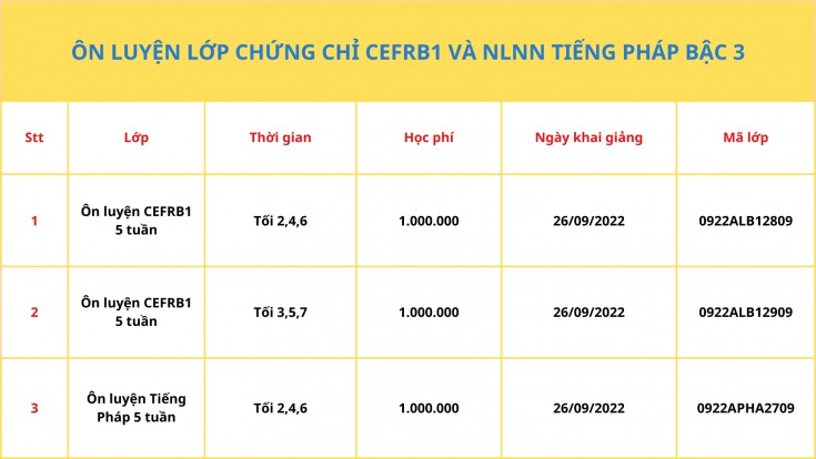 Thông báo về tổ chức ôn luyện thi CEFR B1 5 tuần và NLNN tiếng Pháp Bậc 3 theo hình thức online ...